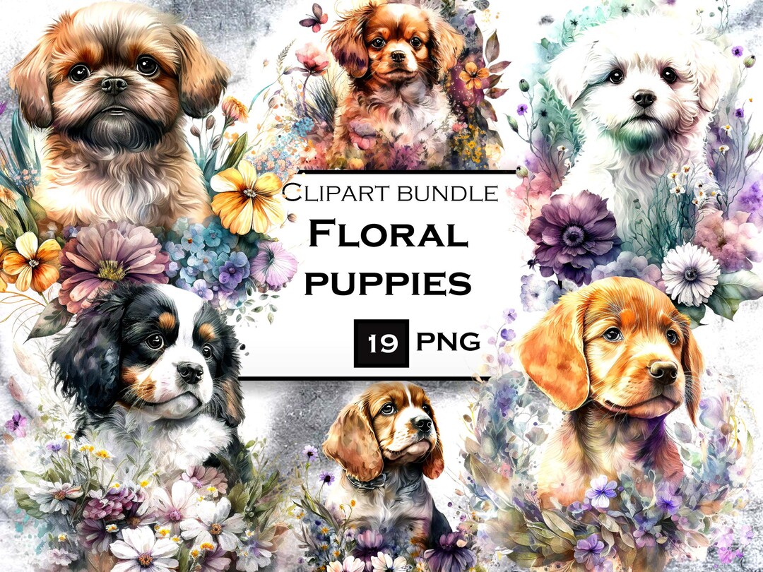 Watercolor Puppies Clipart, Animal PNG, Cute Floral Dog Clipart Bundle ...