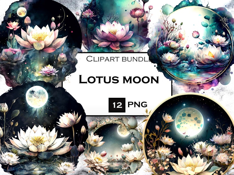 Lotus Moon Clip Art Watercolor PNG Lotus Pond Flower PNG - Etsy