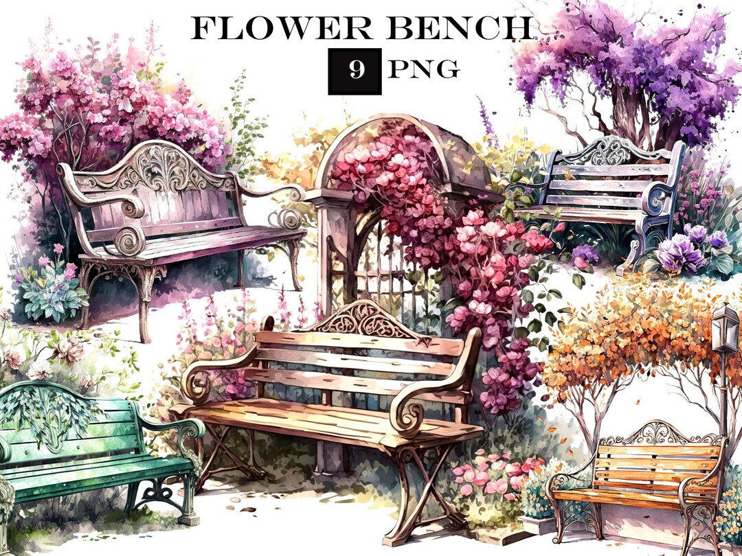 Flower Bench Clipart, Watercolor Bench Bundle, Romantic Benches Clipart ...