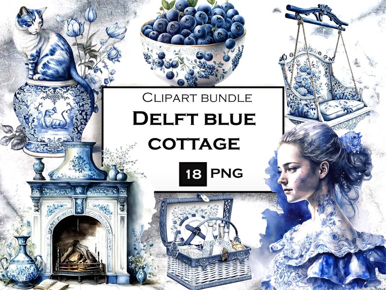 Farmhouse Clipart Delft Blue Cottage Clipart Watercolor - Etsy