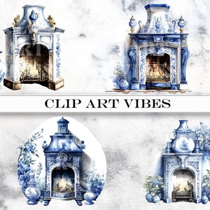 Delft Blue Cottage Fireplace Clipart, Farmhouse Clipart, Watercolor ...