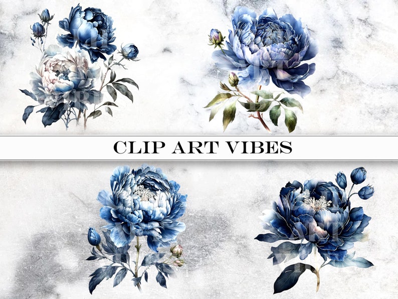 Delft Blue Peonies Clipart, Floral Clipart, Watercolor Flowers PNG ...