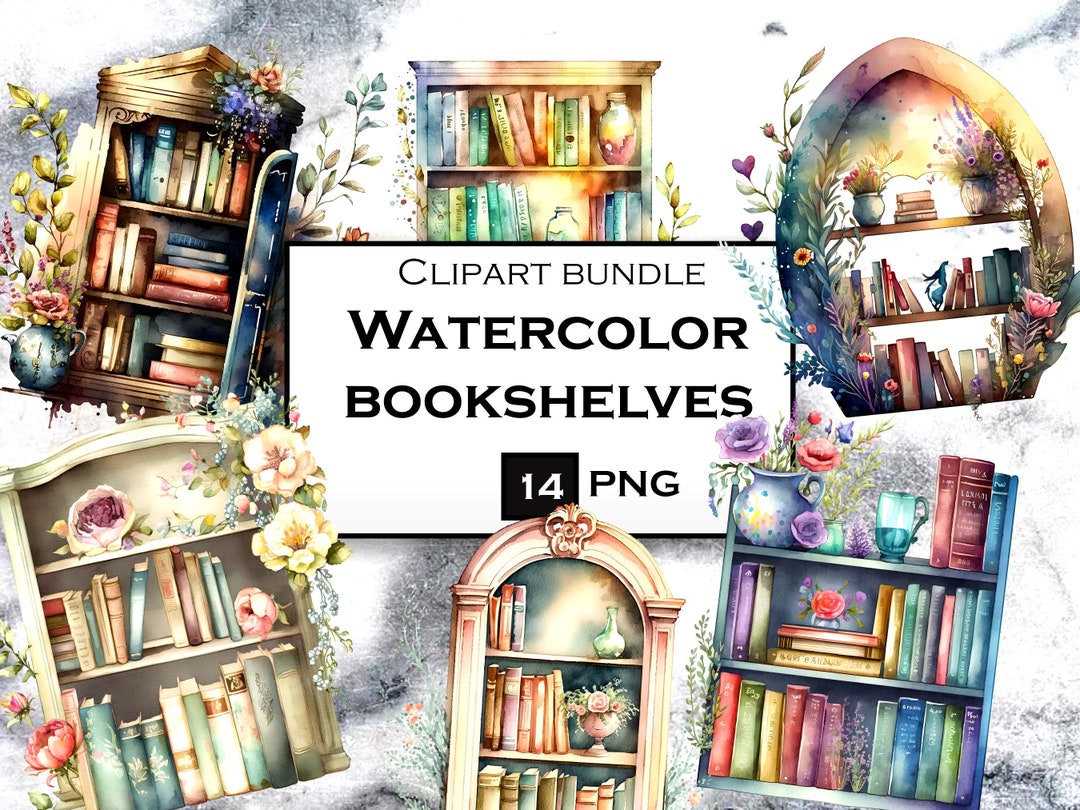 Watercolor Bookshelves Clip Art Floral Shelf PNG Romantic - Etsy