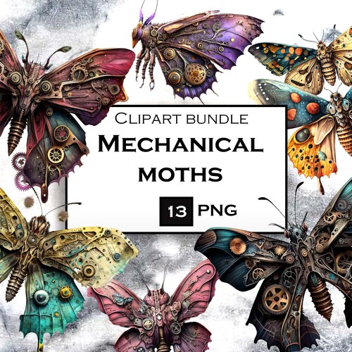 Steampunk Moths Clipart Watercolor Mechanical Moth PNG - Etsy