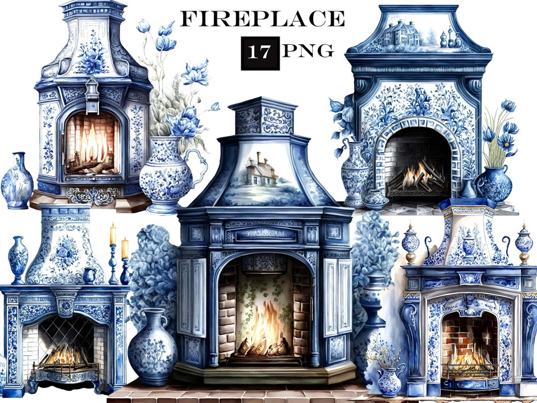 Delft Blue Cottage Fireplace Clipart, Farmhouse Clipart, Watercolor ...