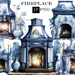 Delft Blue Cottage Fireplace Clipart, Farmhouse Clipart, Watercolor ...