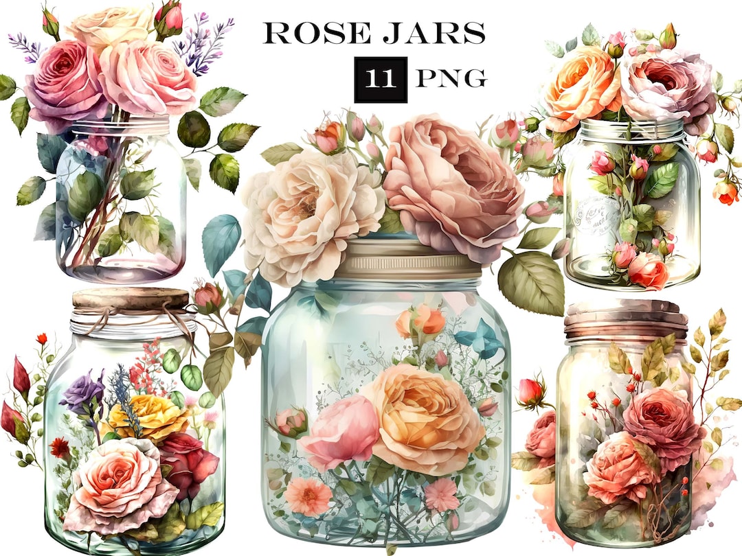 Rose Jar Clipart, Watercolor Rose PNG, Romantic Flower Clipart, Floral ...