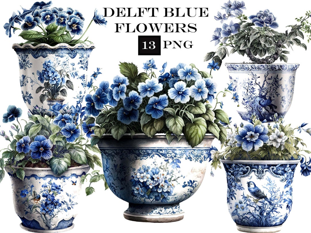 Delft Blue Flower Clipart, Floral Clipart Bundle, Watercolor Flowers ...