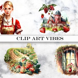 Strawberry Farm Clipart Bundle, Farmhouse Clipart, Strawberry PNG ...