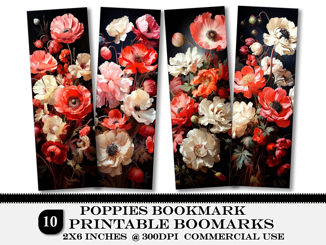 10 Poppies Printable Bookmarks, Digital Floral Bookmark Sheets, PNG ...