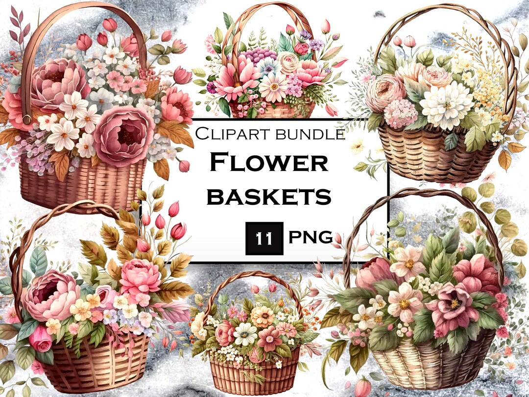 Floral Basket Clipart Watercolor Flowers PNG Romantic Flower - Etsy