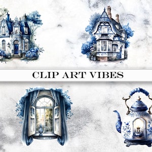 Farmhouse Clipart Delft Blue Cottage Clipart Watercolor - Etsy