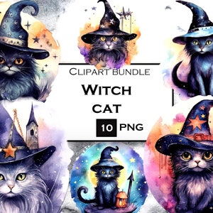 10 PNG Witch Cat Clipart Bundle, Watercolor Cat PNG, Witchery Clipart ...