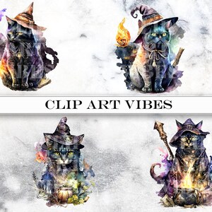 Witch Cat Clipart, Watercolor Cat PNG, Witchery Clipart Bundle ...