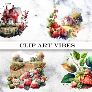Strawberry Farm Clipart Bundle, Farmhouse Clipart, Strawberry PNG ...