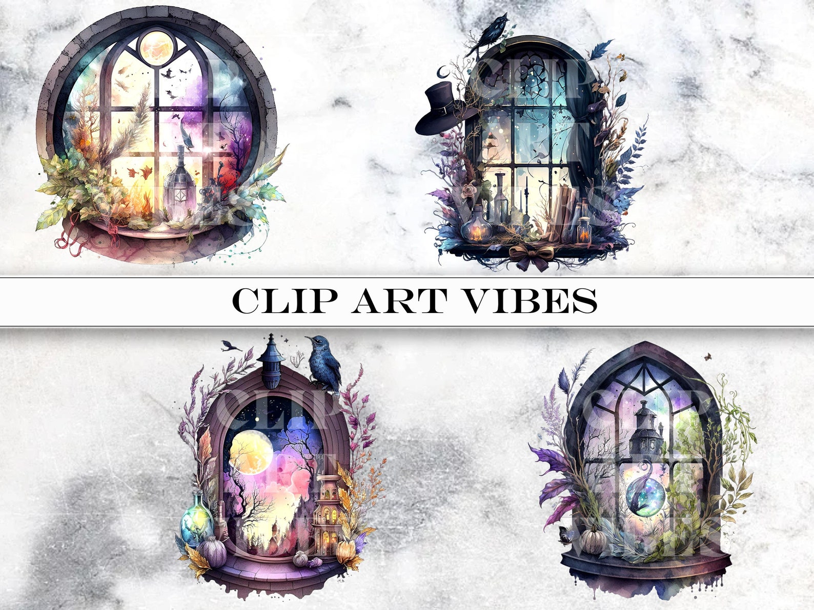 Witch Window Clipart, Watercolor Wiccan PNG, Witchery Clipart Bundle ...