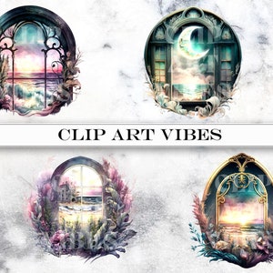 Sunset Window Clip Art, Watercolor Window PNG, Fantasy Window Clipart ...
