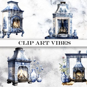 Delft Blue Cottage Fireplace Clipart, Farmhouse Clipart, Watercolor ...