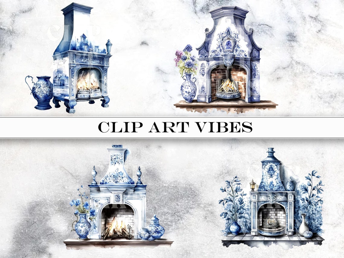 Delft Blue Cottage Fireplace Clipart, Farmhouse Clipart, Watercolor ...