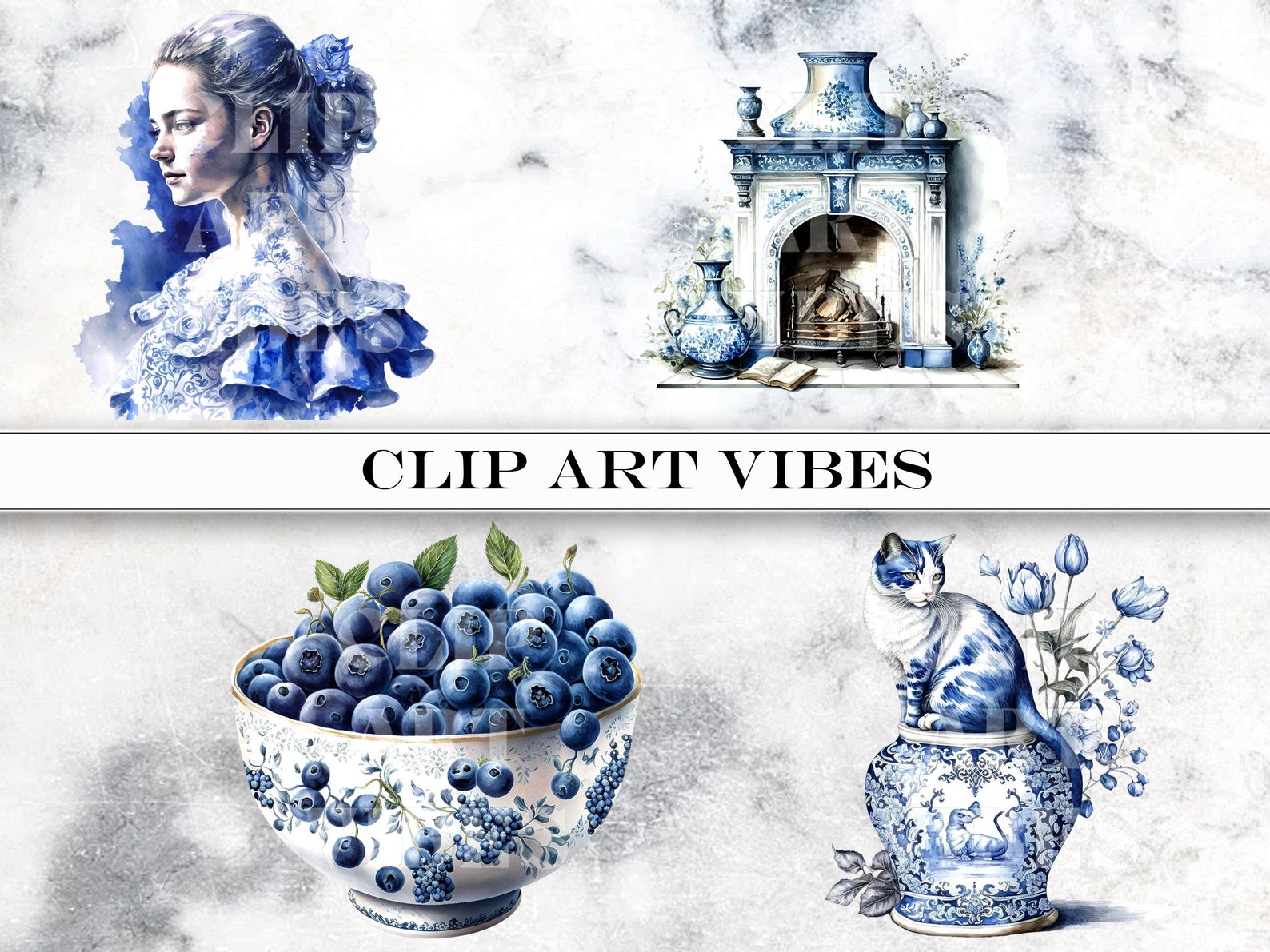 Farmhouse Clipart, Delft Blue Cottage Clipart, Watercolor Farmhouse ...