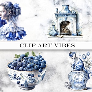 Farmhouse Clipart, Delft Blue Cottage Clipart, Watercolor Farmhouse ...