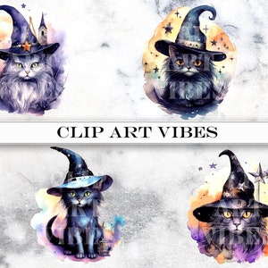 10 PNG Witch Cat Clipart Bundle, Watercolor Cat PNG, Witchery Clipart ...