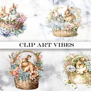 Easter Bunny Watercolor Clipart Bundle. Romantic Vintage Flower Basket ...