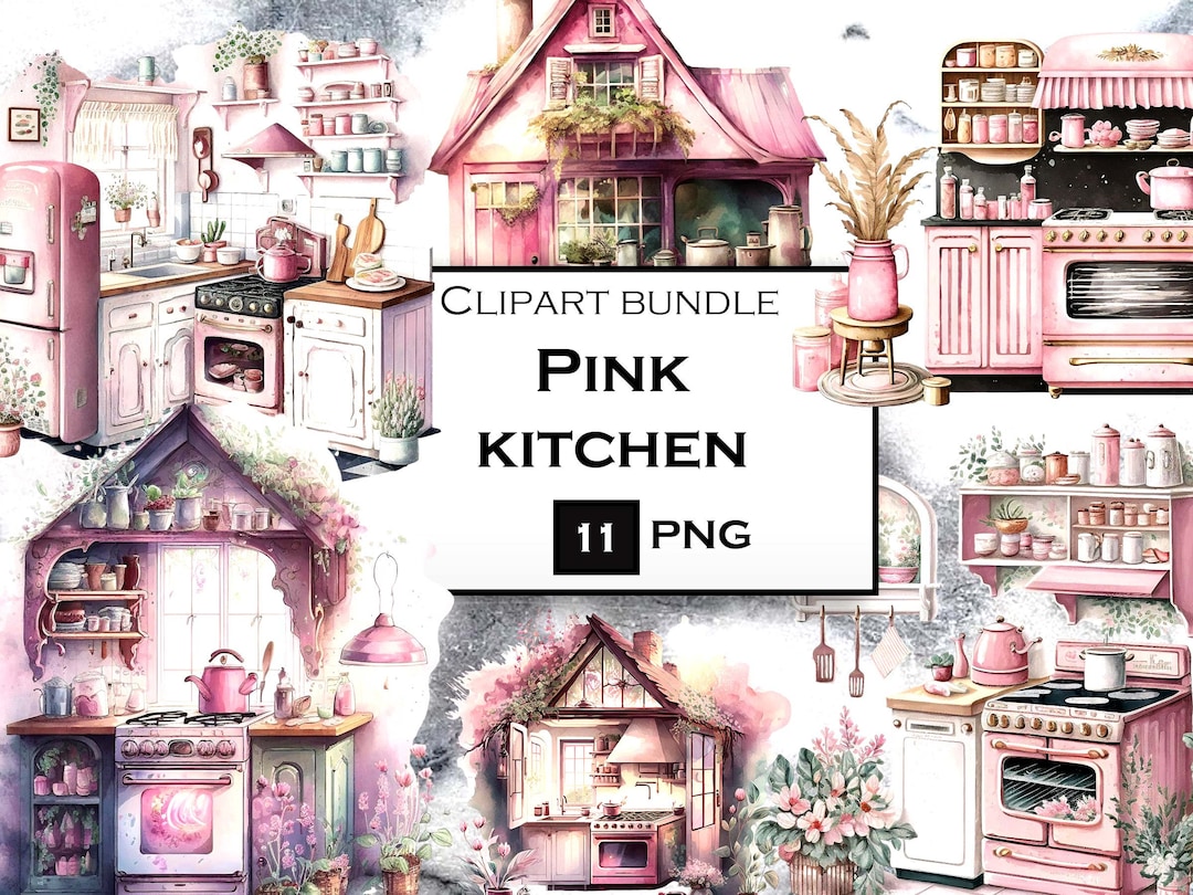 Pink Cottage Kitchen Clip Art, Watercolor Kitchen Clip Art Bundle ...