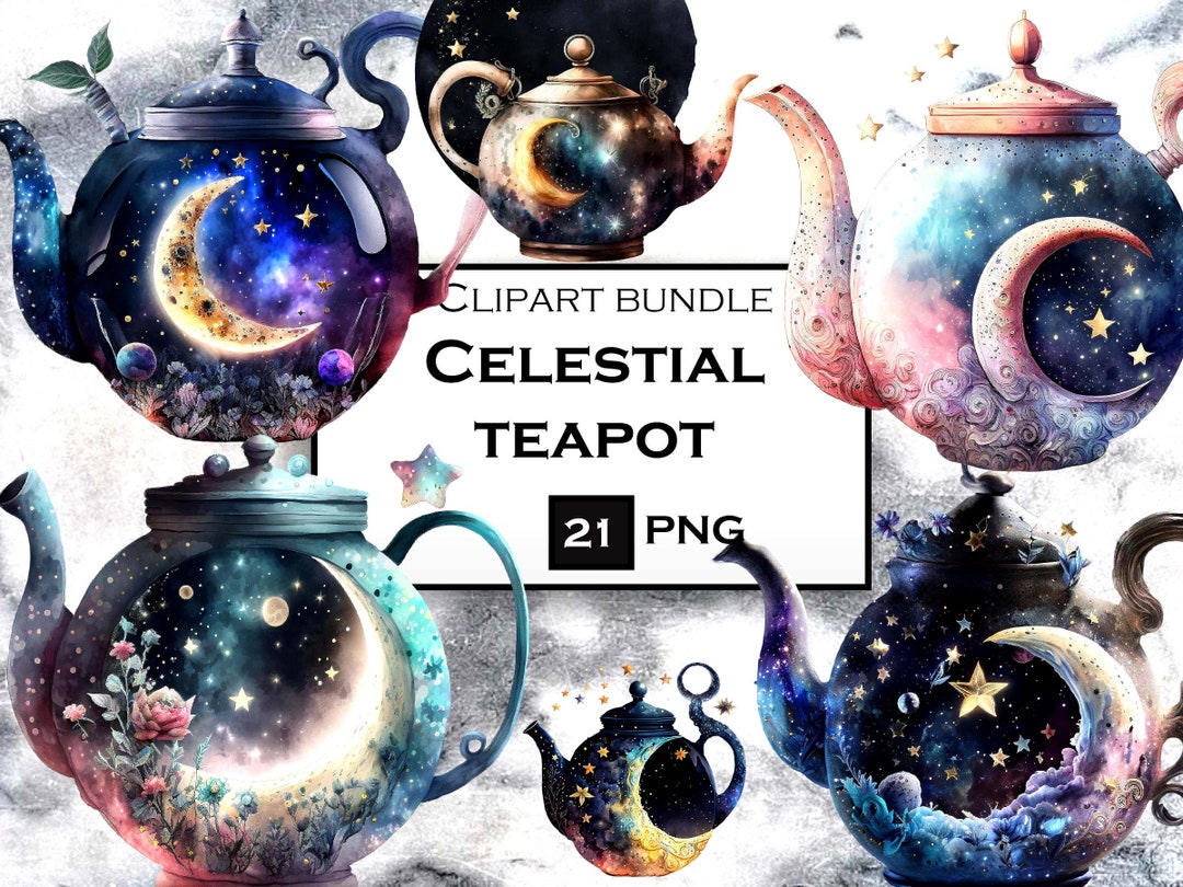 Celestial Clipart, Watercolor Teapot PNG, Tea Party Clipart, Commercial ...