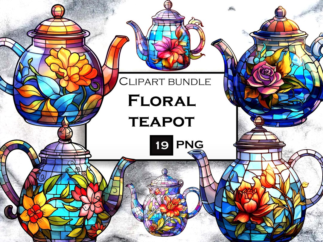 Teapot Clipart, Watercolor Teacup PNG, Tea Party Clipart, Stained Glass ...