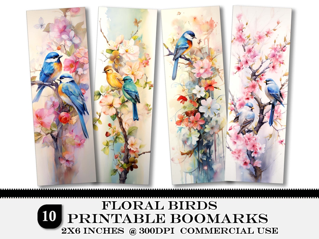 Birds Printable Bookmarks, Cute Bookmark Set, Floral Bookmarks PNG ...