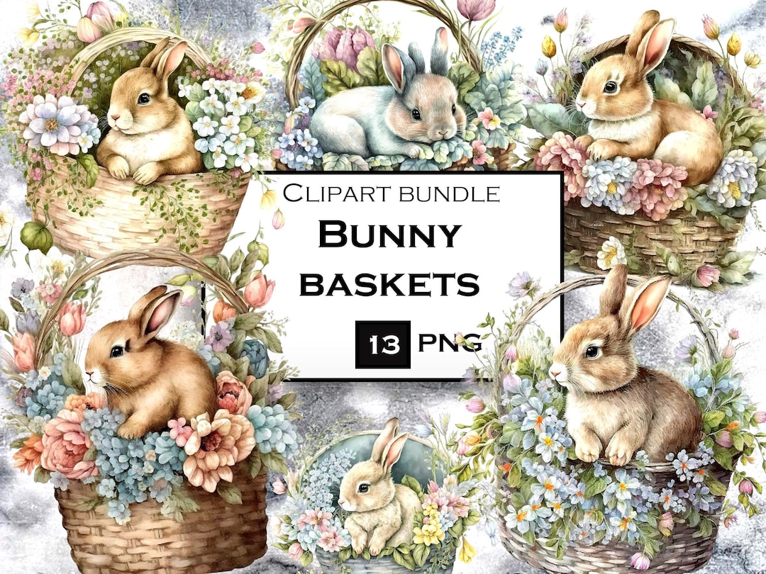 Easter Bunny Watercolor Clipart Bundle. Romantic Vintage Flower Basket ...