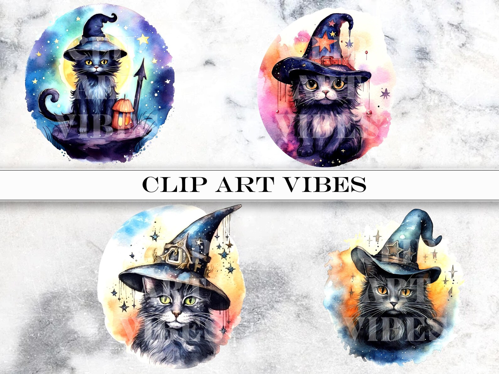 10 PNG Witch Cat Clipart Bundle, Watercolor Cat PNG, Witchery Clipart ...