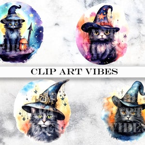 10 PNG Witch Cat Clipart Bundle, Watercolor Cat PNG, Witchery Clipart ...