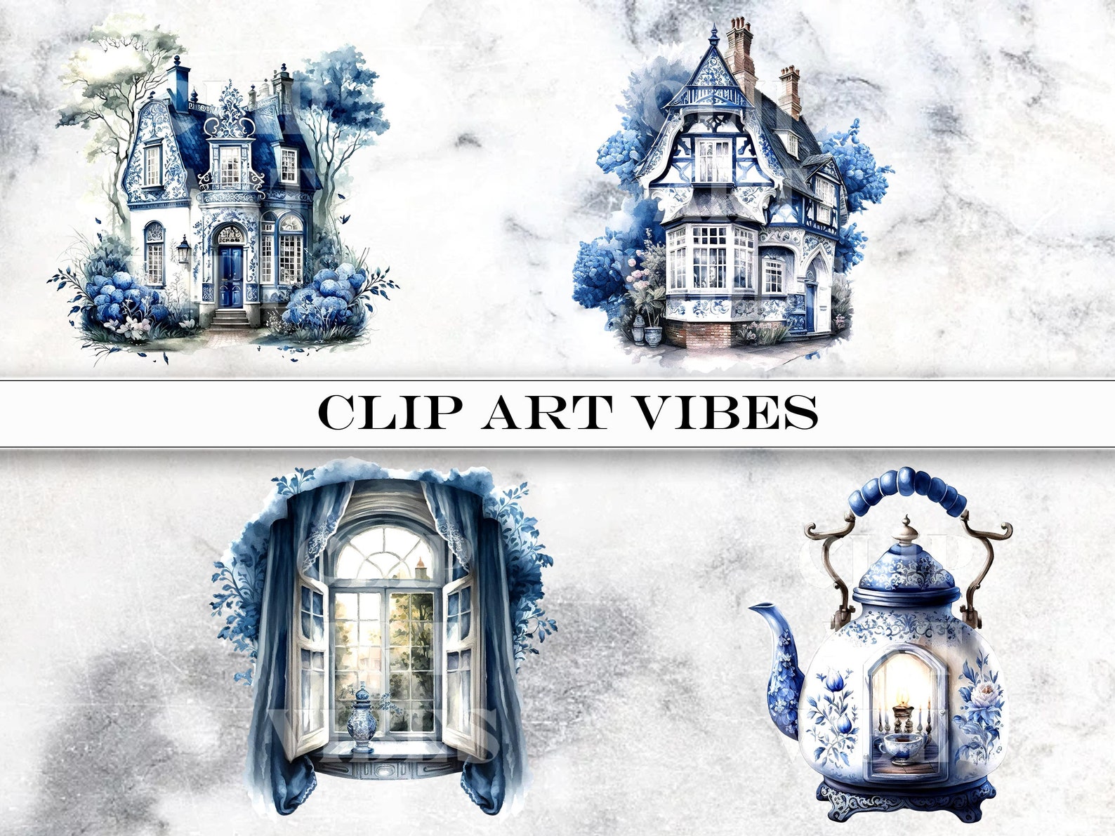 Farmhouse Clipart, Delft Blue Cottage Clipart, Watercolor Farmhouse ...