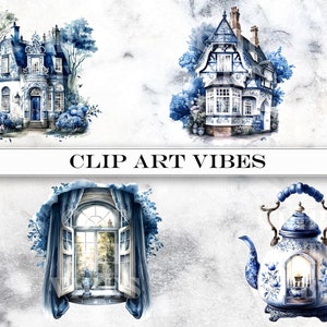 Farmhouse Clipart, Delft Blue Cottage Clipart, Watercolor Farmhouse ...