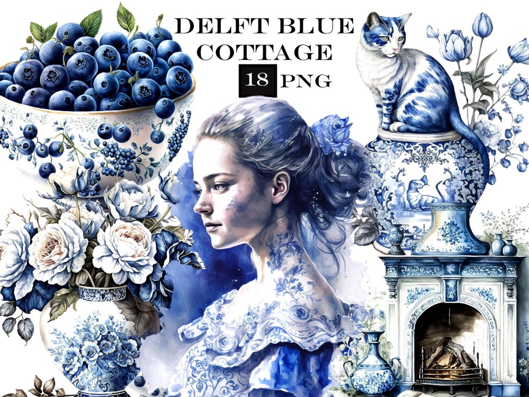 Farmhouse Clipart, Delft Blue Cottage Clipart, Watercolor Farmhouse ...