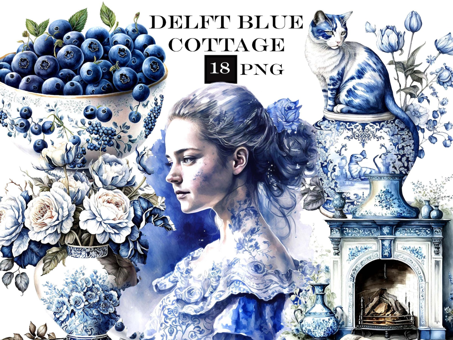 Farmhouse Clipart, Delft Blue Cottage Clipart, Watercolor Farmhouse ...