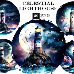 Watercolor Lighthouse Clipart Bundle Celestial Clip Art PNG - Etsy