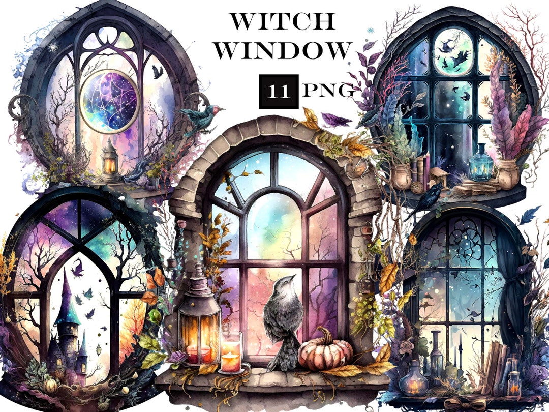 Witch Window Clipart, Watercolor Wiccan PNG, Witchery Clipart Bundle ...