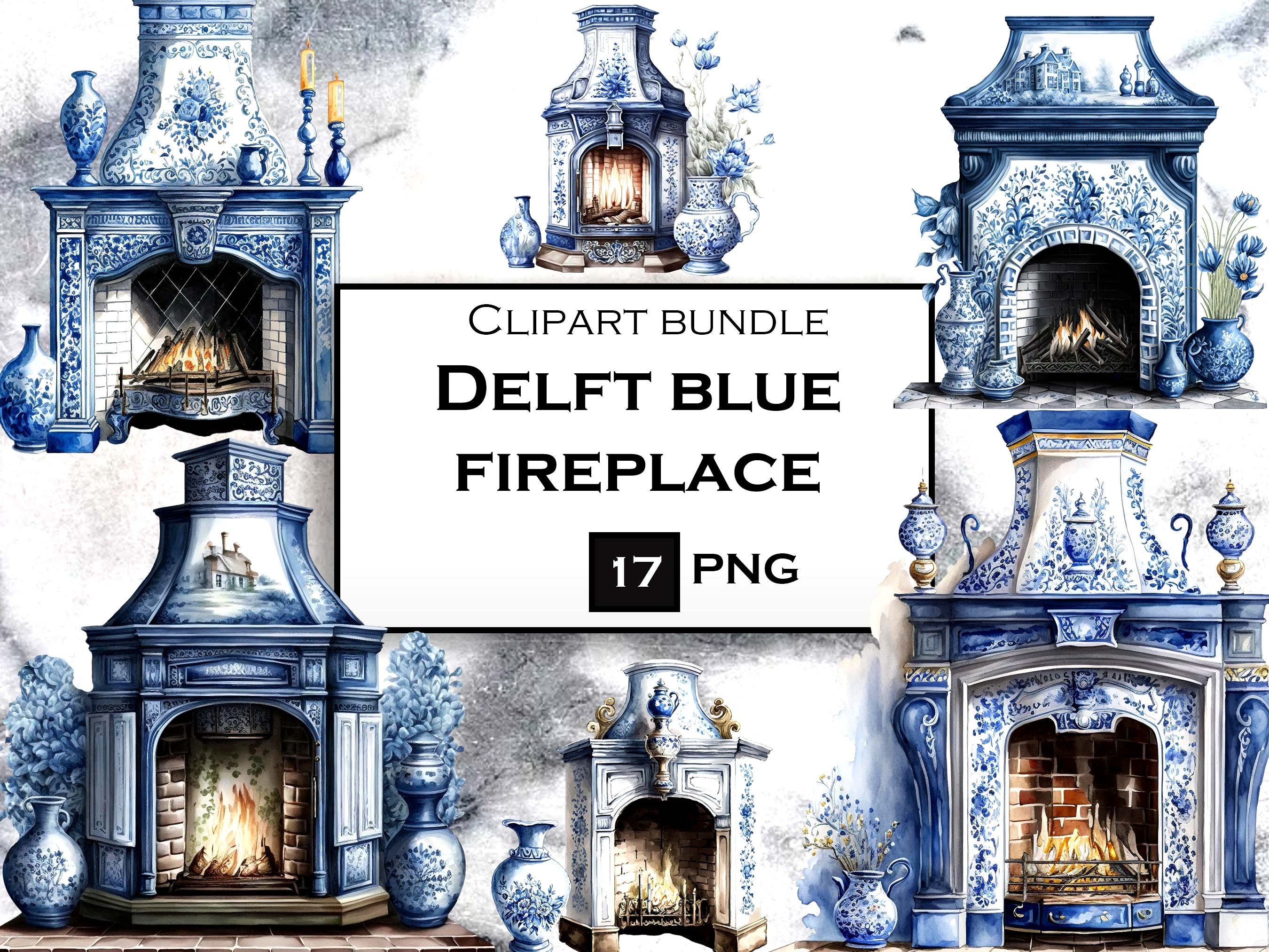 Delft Blue Cottage Fireplace Clipart Farmhouse Clipart - Etsy