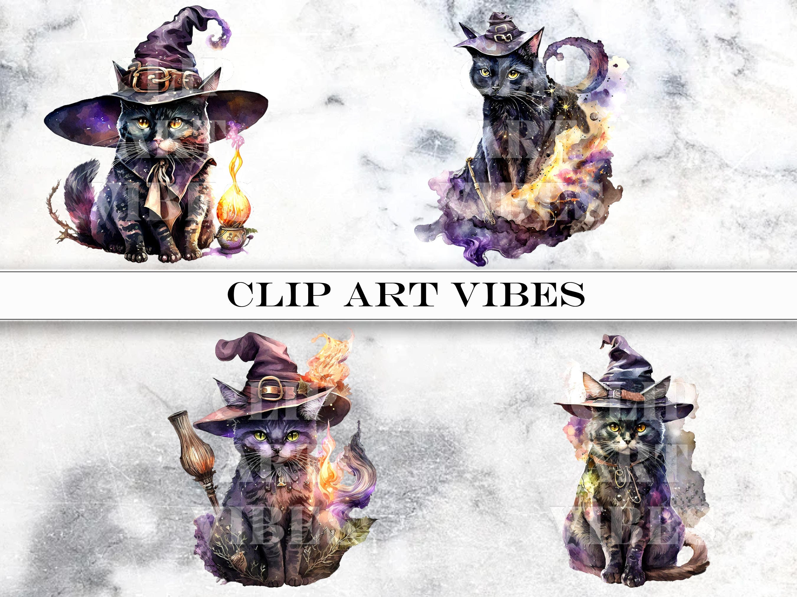 Witch Cat Clipart, Watercolor Cat PNG, Witchery Clipart Bundle ...