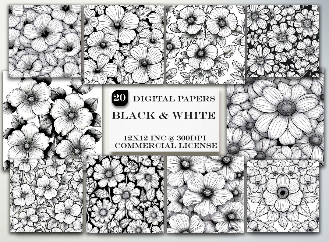Black and White Floral Digital Papers Pack, Scrapbook Paper, Black ...