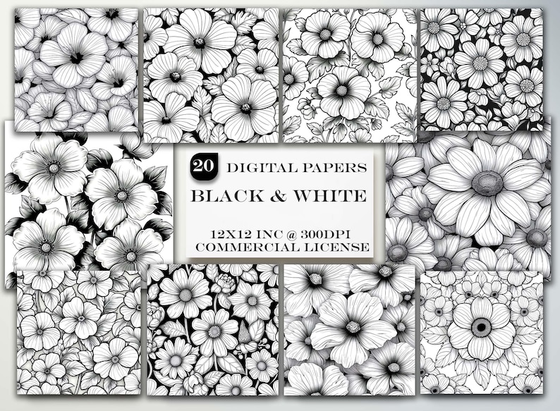 Black and White Floral Digital Papers Pack, Scrapbook Paper, Black ...