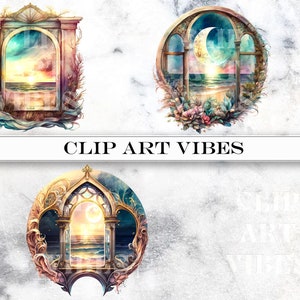 Sunset Window Clip Art, Watercolor Window PNG, Fantasy Window Clipart ...