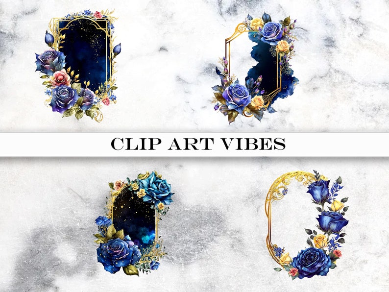 Royal Blue Roses Clipart Watercolor Floral Frame Frames - Etsy UK