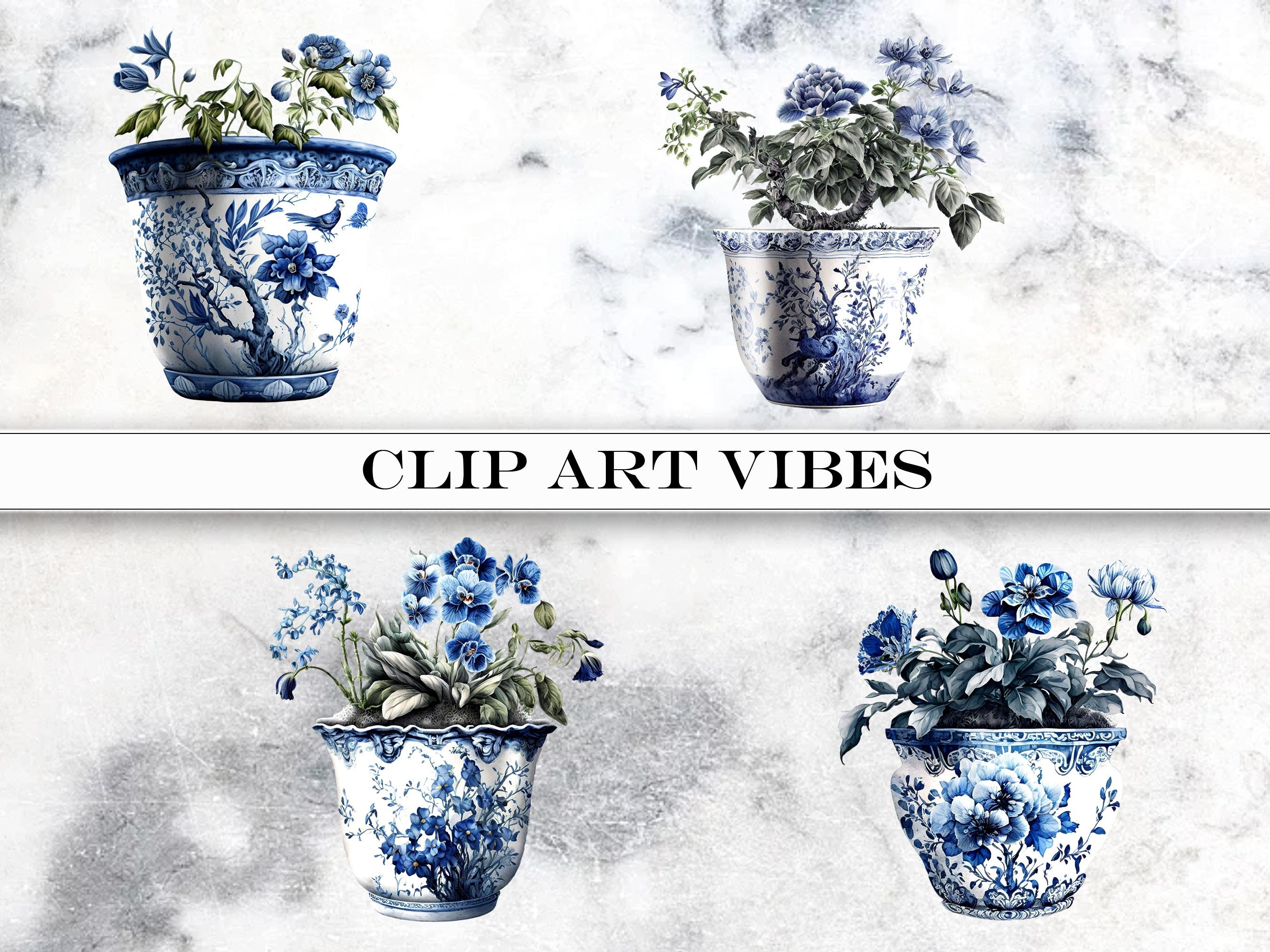 Delft Blue Flower Clipart Floral Clipart Bundle Watercolor - Etsy