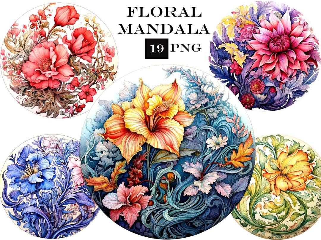 Flower Mandala Watercolor Clipart Bundle, Fantasy Clip Art PNG Files ...