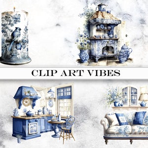 Farmhouse Clipart, Delft Blue Cottage Clipart, Watercolor Farmhouse ...