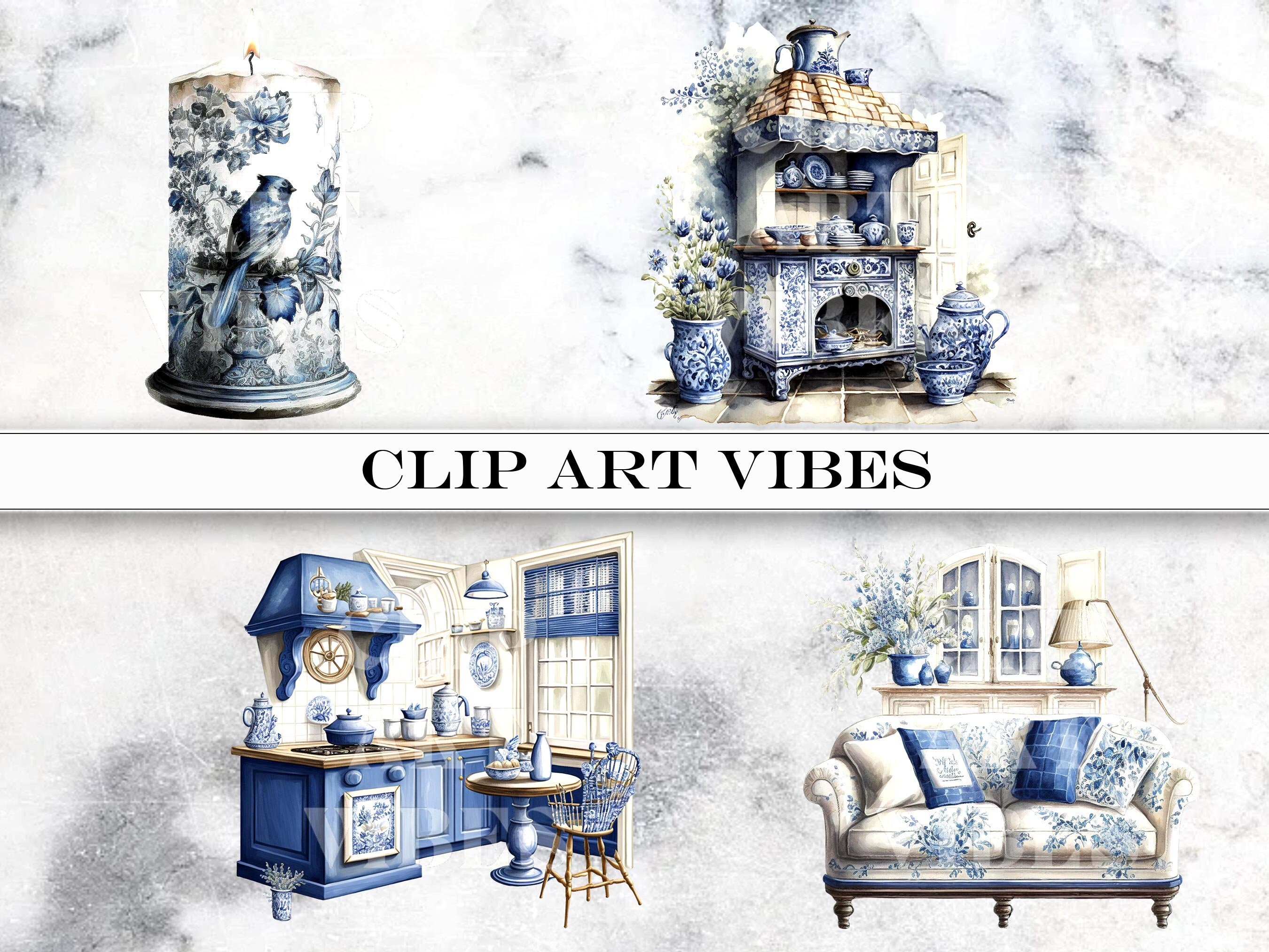 Farmhouse Clipart, Delft Blue Cottage Clipart, Watercolor Farmhouse ...